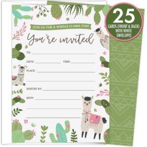 Koko Paper Co. A Whole Llama Fun Party Invitations. Set of 25 Fill-in Style Invites and White Envelopes Featuring Llamas, Colorful Cactus and Floral Accents. Perfect for Birthdays or Any Events.