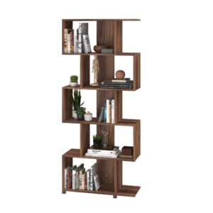 manhattan comfort petrolina bookshelf with 5 zig-zag cubbies & open shelves, unique mid century modern bookcase, ideal for living room, office, bedroom, display ornaments, trophies, photos, nut brown