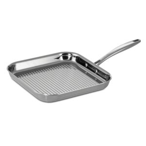 tramontina tri-ply clad stainless steel 11-inch square grill pan, induction-ready, dishwasher-safe, nsf-certified, made in brazil