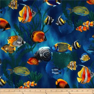 island sanctuary sea tropical fish cobalt, quilting fabric by the yard