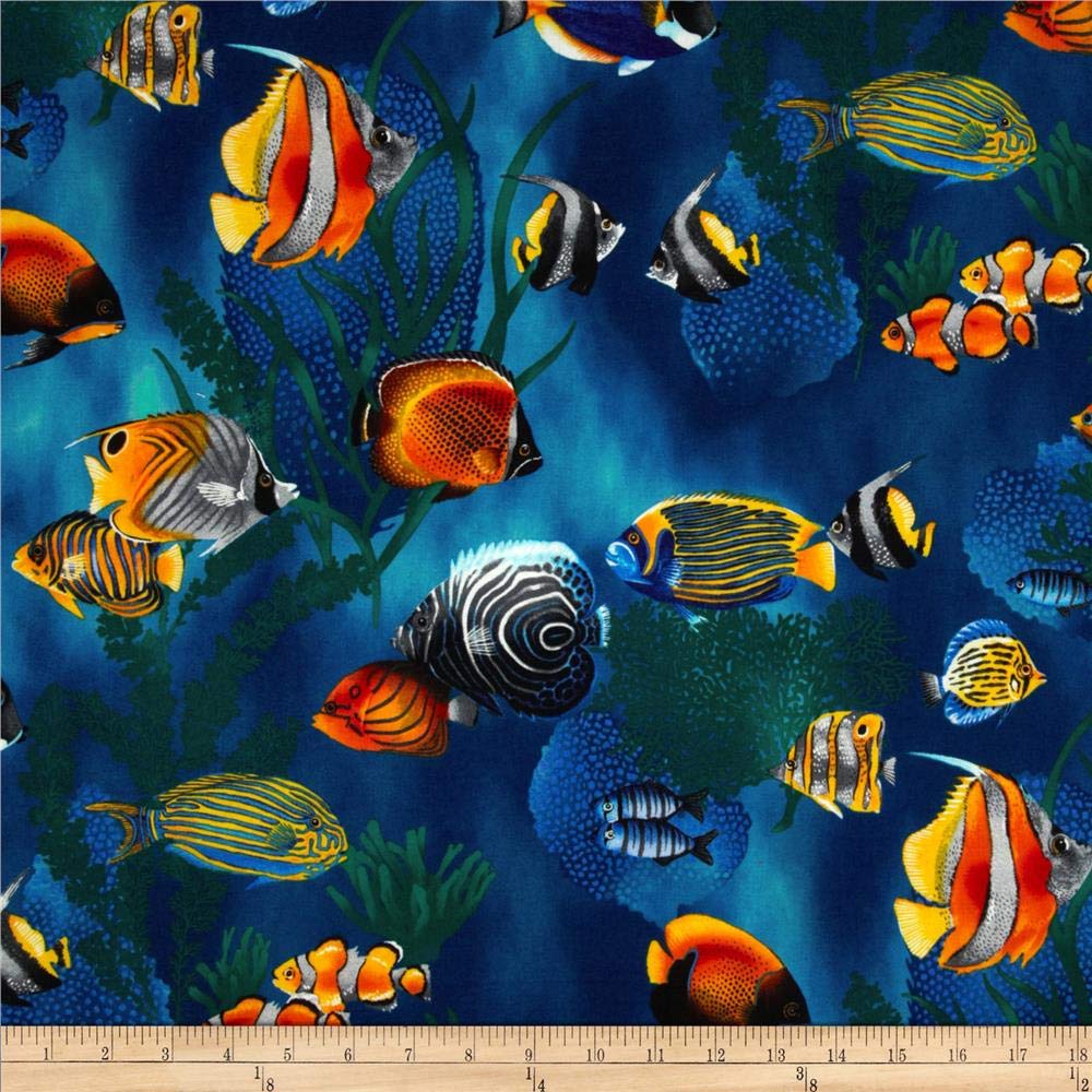 Island Sanctuary Sea Tropical Fish Cobalt, Quilting Fabric by the Yard