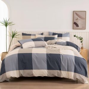 plaid duvet cover queen, 100% cotton 3 pieces plaid bedding sets queen, checkered pattern cotton grid plaid duvet cover set queen (plaid, queen)