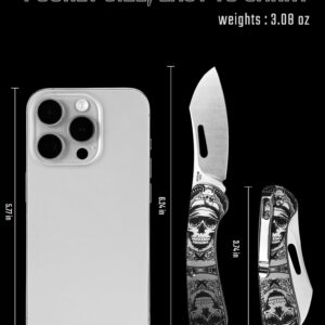 MecArmy EK3R EDC Pocket Folding Knife, Swedish SANDVIK 12C27 Steel Blade Hollowed-out Drop Blade Design, Stainless Steel Handle Pocket Clip, Outdoor Portable Camping Hiking Knife(Skull)