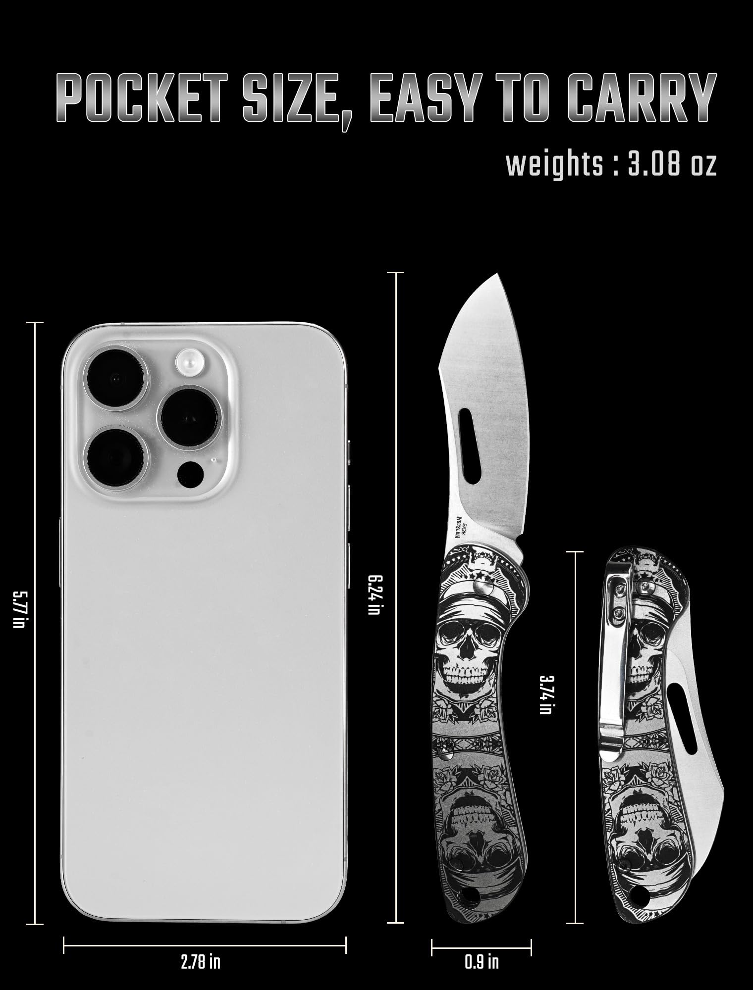 MecArmy EK3R EDC Pocket Folding Knife, Swedish SANDVIK 12C27 Steel Blade Hollowed-out Drop Blade Design, Stainless Steel Handle Pocket Clip, Outdoor Portable Camping Hiking Knife(Skull)