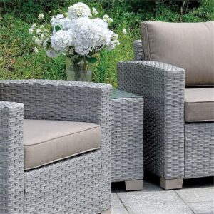 Furniture of America Condor Rattan Glass Top Patio End Table in Gray