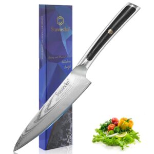 sunnecko utility knife 5 inch, paring knife damascus steel vg-10 blade fruit knife, small kitchen knife with g10 inlaid handle peeling knife perfect for cutting fruit vegetables petty knife gift box