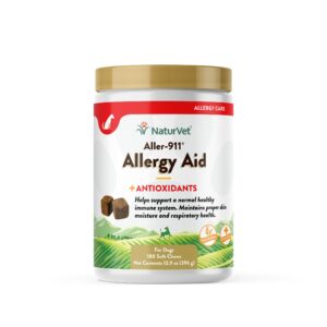 naturvet aller-911 advanced allergy aid for dogs, cats – antioxidant-rich pet supplement with omegas, dha, epa – helps support dog immune system, cat respiratory health, skin moisture 180 soft chews