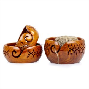 nagina international rosewood crafted wooden yarn storage bowl with carved holes & drills | knitting crochet accessories (set)