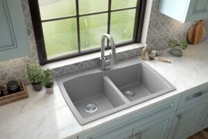 karran qt-720 drop-in quartz composite 34 in. 1-hole 50/50 double bowl kitchen sink in grey