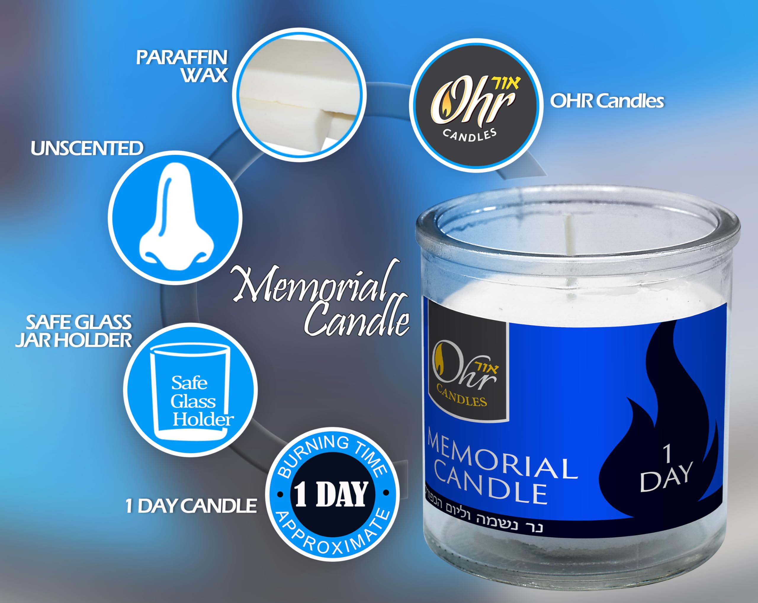 Ohr Candles Yahrzeit Memorial Candles - 1 Day Yahrzeit Candle - Yartzeit Candles 24 Hour Yom Kippur Jewish Candles in Glass Tumbler - 6 Pack