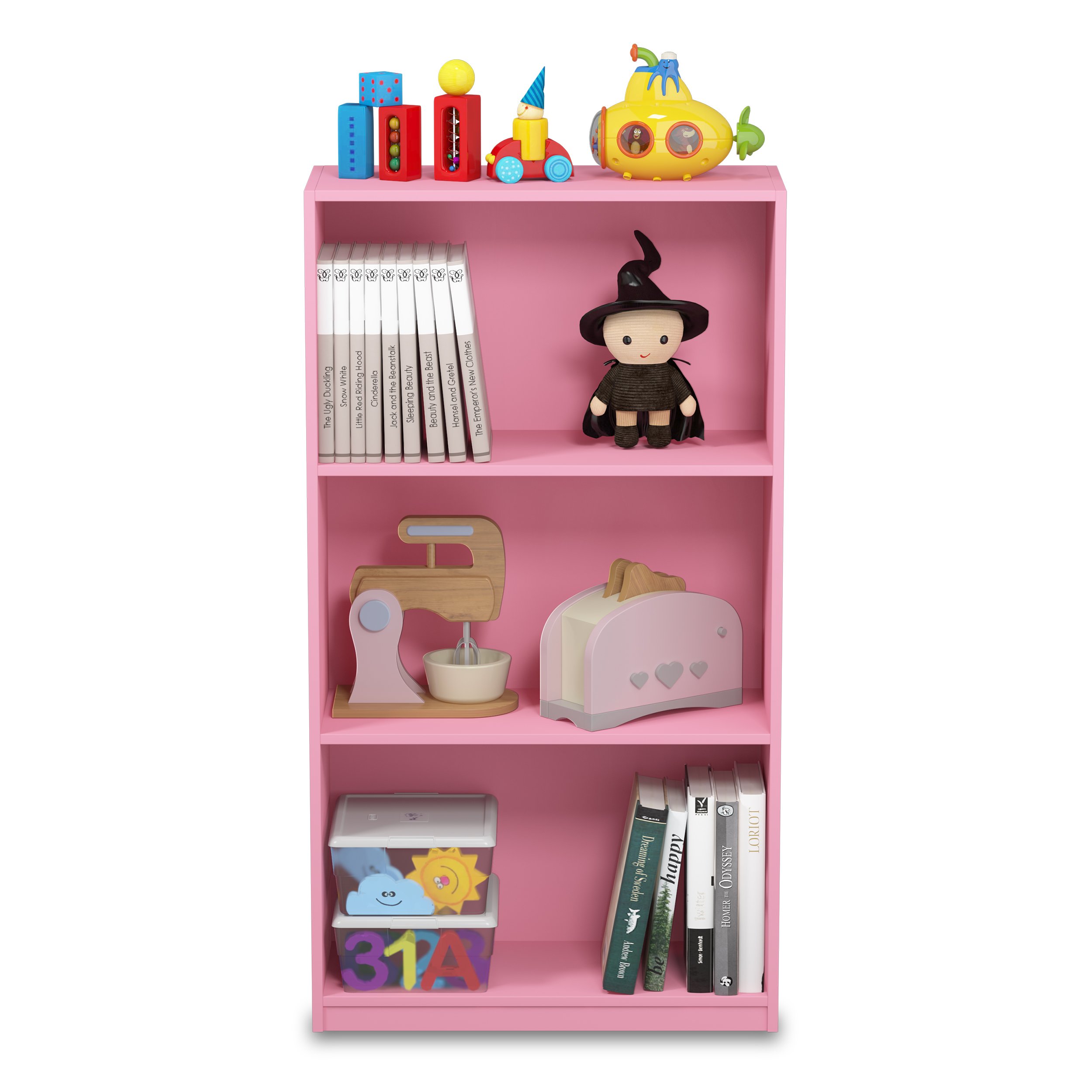 FURINNO Basic 3-Tier Bookcase Storage Shelves, Pink