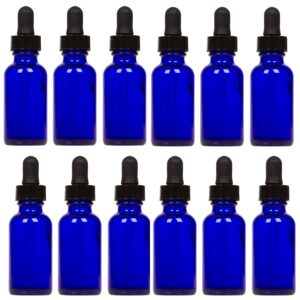 cobalt glass bottles with eye droppers (1 oz, 12 pk) for essential oils, colognes & perfumes, blank labels included