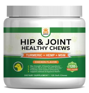 100 paws hip & joint supplement for dogs - hemp oil infused soft chews dog treats w/glucosamine, turmeric, chondroitin, msm & omega 3 6 9 -supports pet mobility & pain relief-120 treat bites