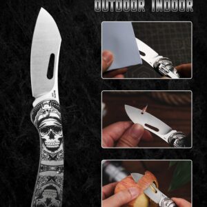 MecArmy EK3R EDC Pocket Folding Knife, Swedish SANDVIK 12C27 Steel Blade Hollowed-out Drop Blade Design, Stainless Steel Handle Pocket Clip, Outdoor Portable Camping Hiking Knife(Skull)