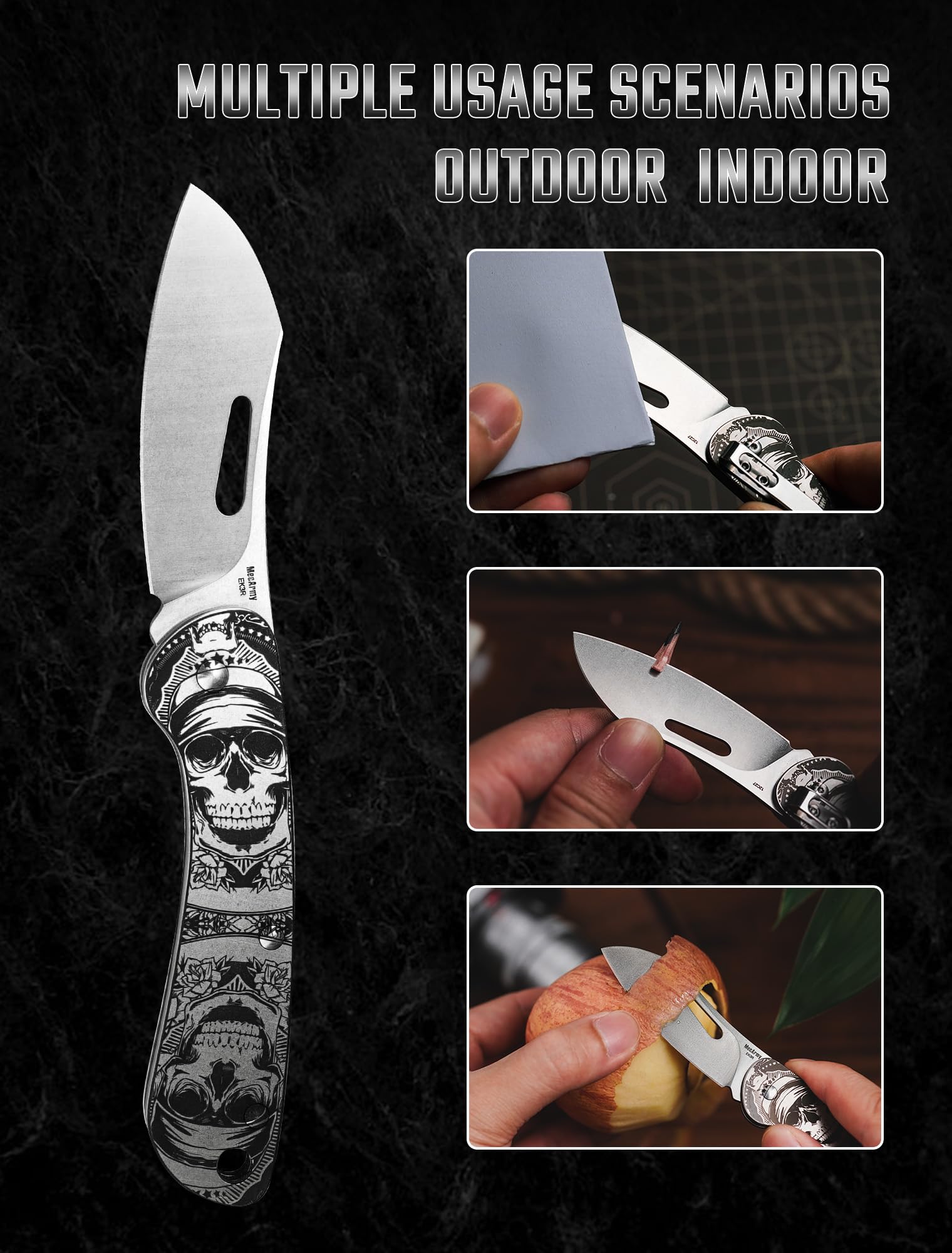 MecArmy EK3R EDC Pocket Folding Knife, Swedish SANDVIK 12C27 Steel Blade Hollowed-out Drop Blade Design, Stainless Steel Handle Pocket Clip, Outdoor Portable Camping Hiking Knife(Skull)