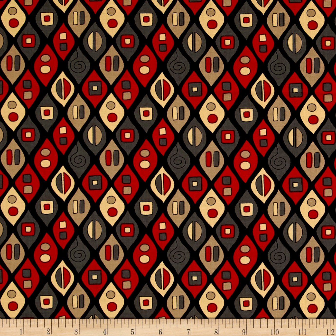 Quilting Treasures "June Bee Esme Diamond Geo Black" Quilt Fabric, Gold/Red/Black