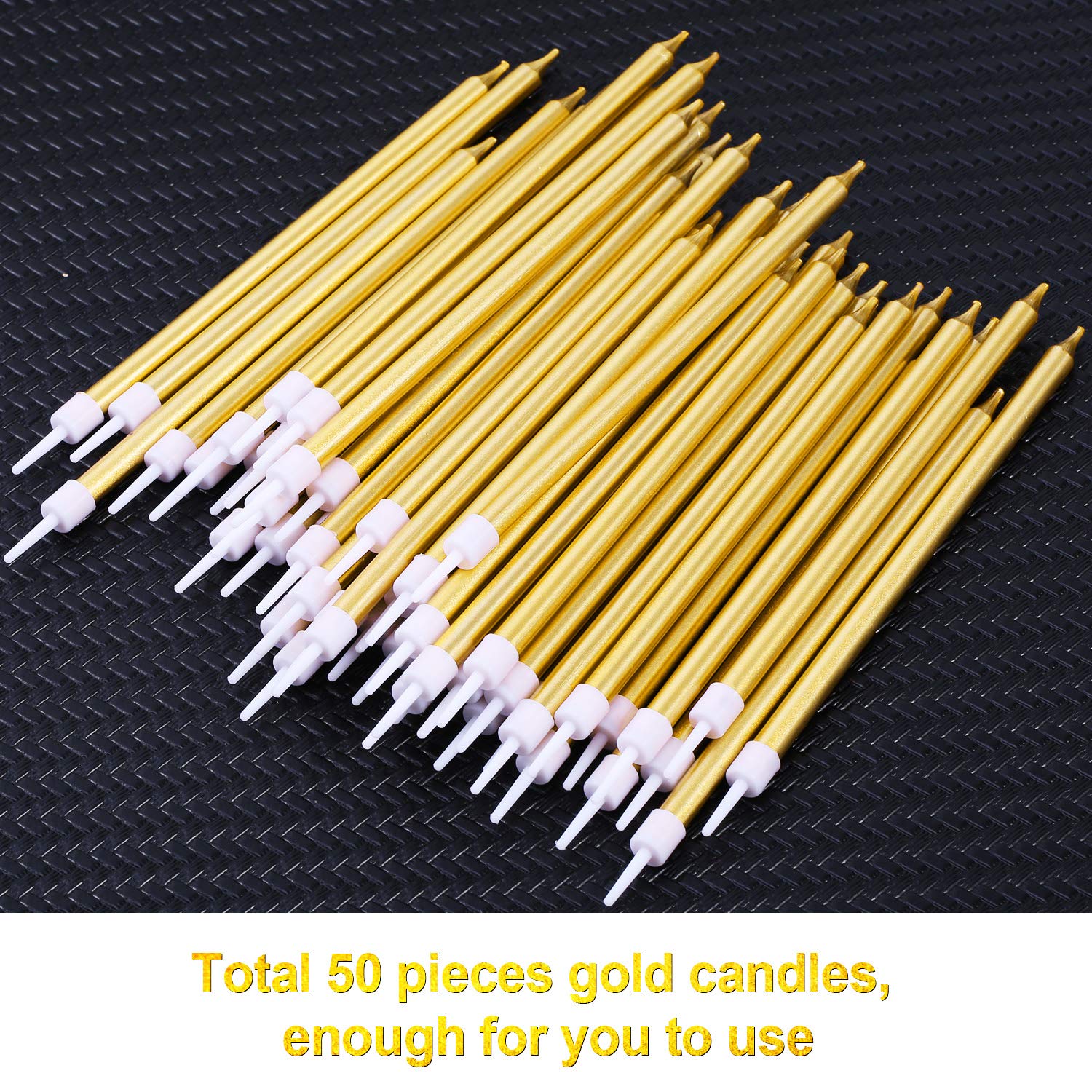 50 Pieces Birthday Cake Candles Thin Cake Cupcake Candles in Holders for Birthday Wedding Party Cake Decorations Supplies (Gold, Long)