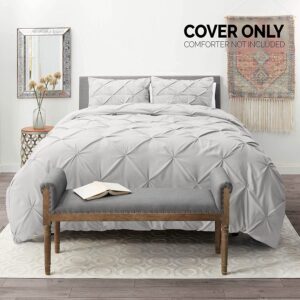 Bedding Kraft Pintuck Duvet Cover Set | Pintuck Comforter Cover | Light Gray Duvet Cover Queen | 3 Piece Pinch Pleat Duvet Cover (Oversized King, Silver)