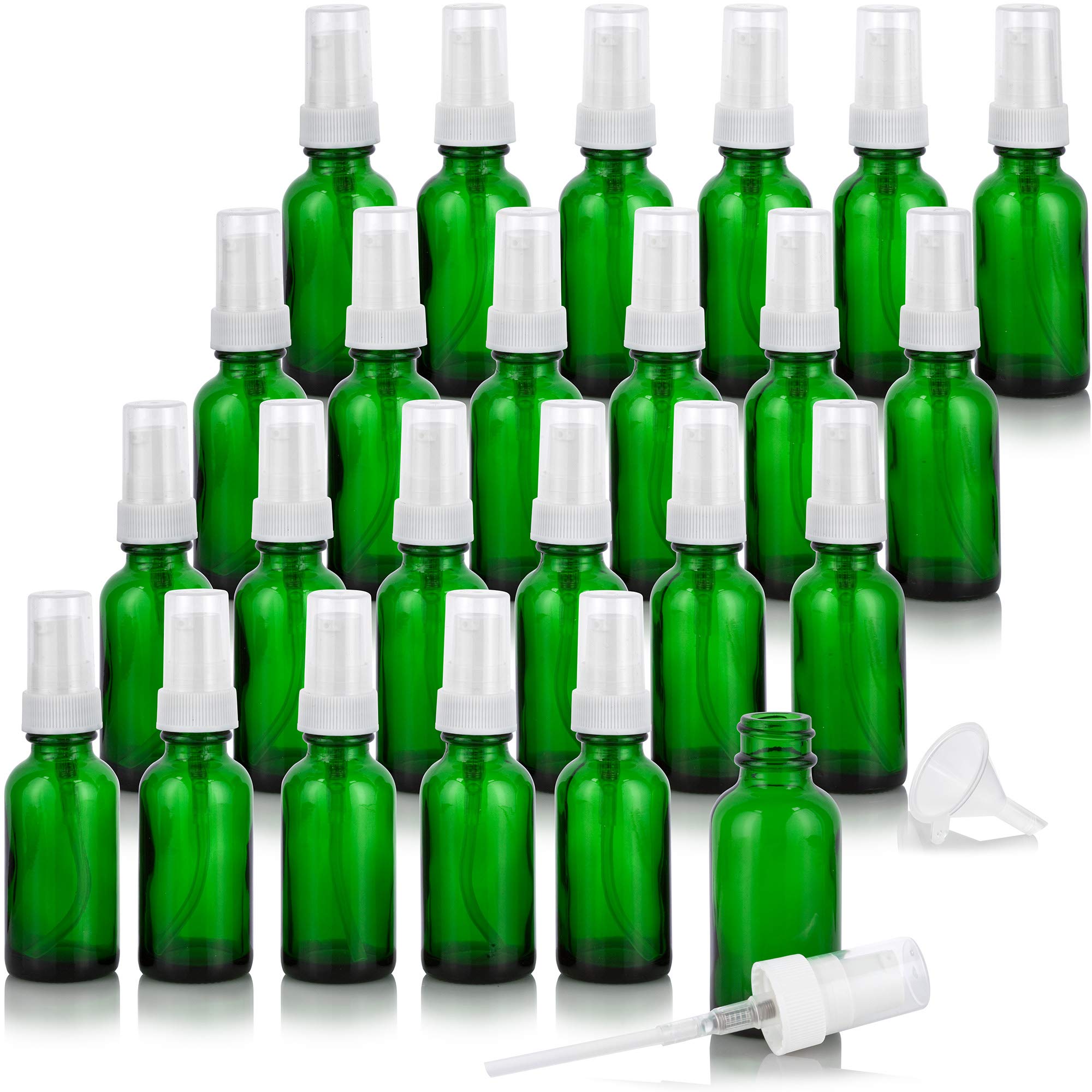 JUVITUS 1 oz / 30 ml Green Glass Boston Round Bottle with White Treatment Pump (24 pack) + Funnel