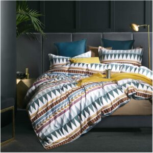 bohemian duvet cover striped ethnic boho reversible southwestern 400tc cotton bedding 3pc set navy white orange modern geo aztec print (queen, teal rust)