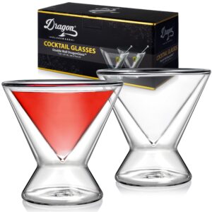 dragon glassware stemless martini glasses - 7oz clear martini glasses set of 2 - double wall insulated cocktail glass set - unique and fun gift for espresso martini lovers