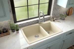 karran qt-721 drop-in quartz composite 34 in. 1-hole 60/40 double bowl kitchen sink in bisque