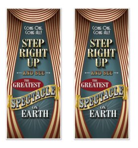 beistle plastic vintage circus door covers, 6' x 30", set of 2 - step right up carnival themed decorations, birthday party supplies, antique wall banner & halloween decor