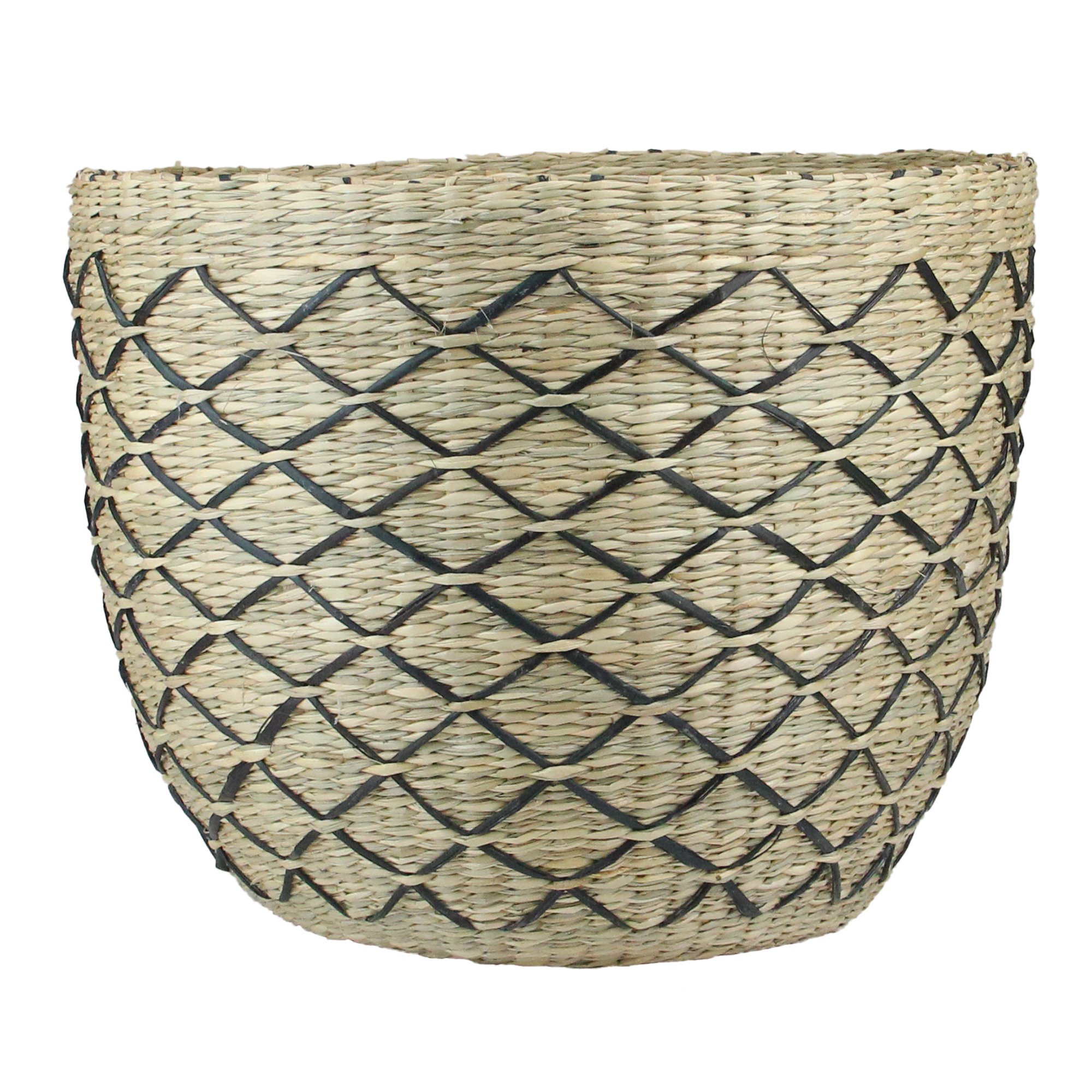 Northlight Natural Woven Lattice Seagrass Basket, 12", Brown and Black