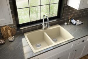 karran qt-720 drop-in quartz composite 34 in. 1-hole 50/50 double bowl kitchen sink in bisque