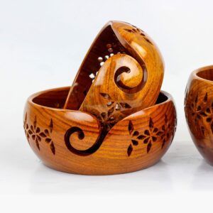 Nagina International Rosewood Crafted Wooden Yarn Storage Bowl With Carved Holes & Drills | Knitting Crochet Accessories (Set)