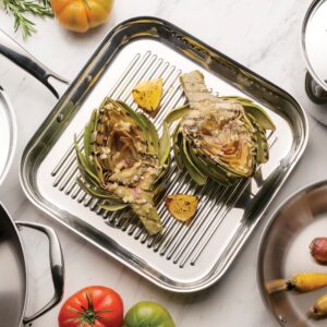 Tramontina Tri-Ply Clad Stainless Steel 11-Inch Square Grill Pan, Induction-Ready, Dishwasher-Safe, NSF-Certified, Made in Brazil