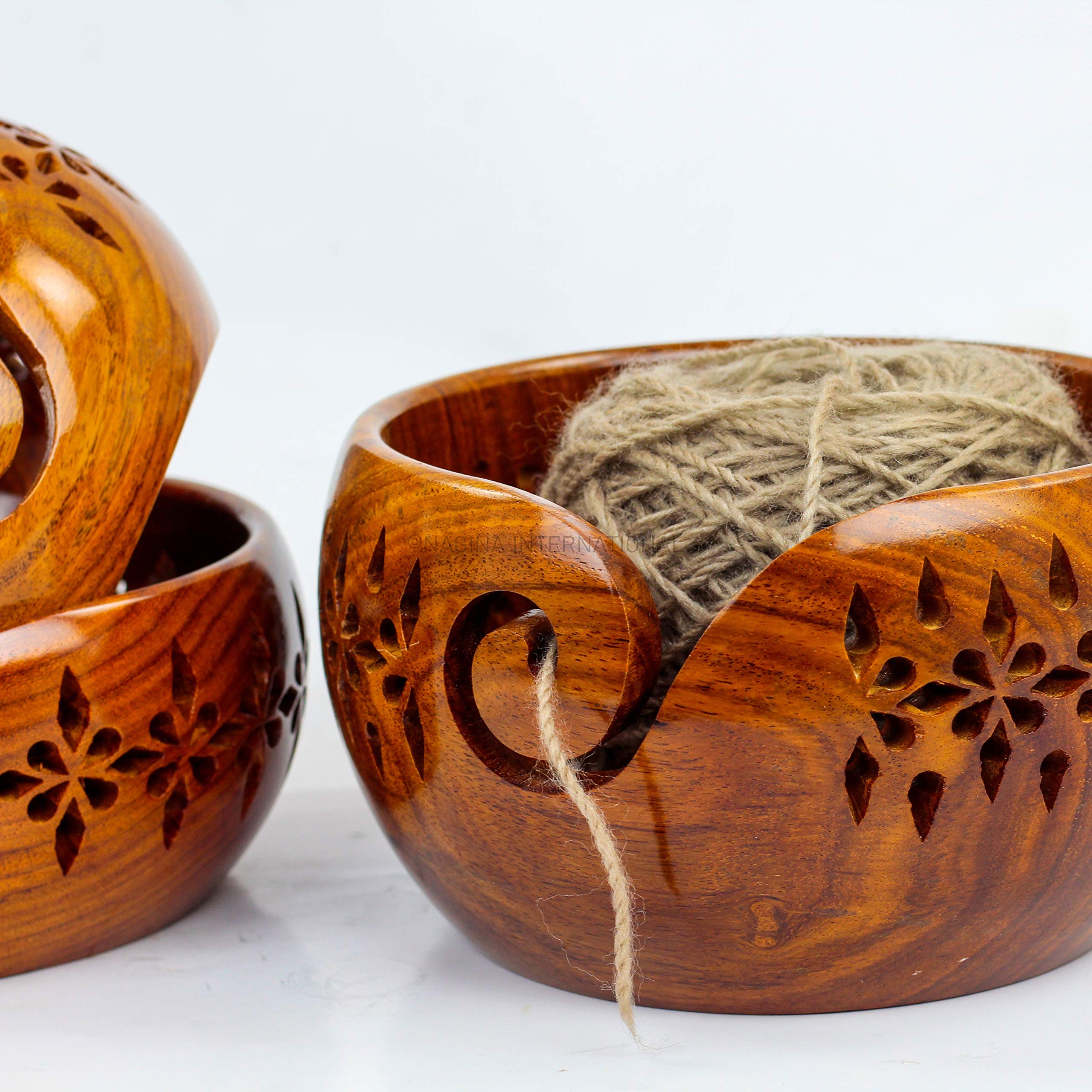 Nagina International Rosewood Crafted Wooden Yarn Storage Bowl With Carved Holes & Drills | Knitting Crochet Accessories (Set)