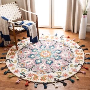 safavieh novelty collection 6' round pink / blue nov576m handmade boho floral tassel wool area rug