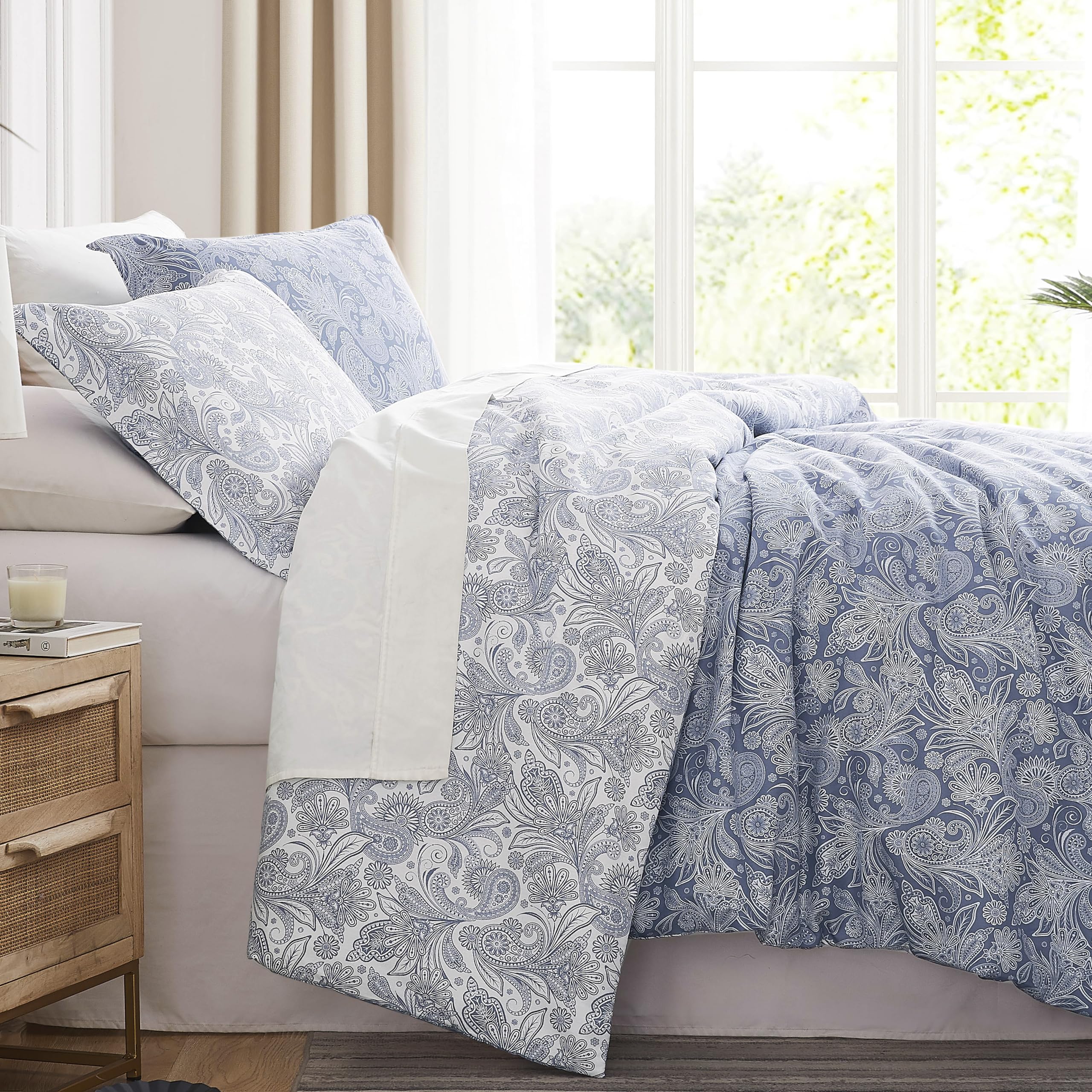 Southshore Fine Living, Inc. Reversible Paisley Duvet Cover King Size/California King - Premium Quality King Boho Bedding Set, Easy Care - 1 King/Cal King Duvet Cover, 2 Shams - Paisley Blue