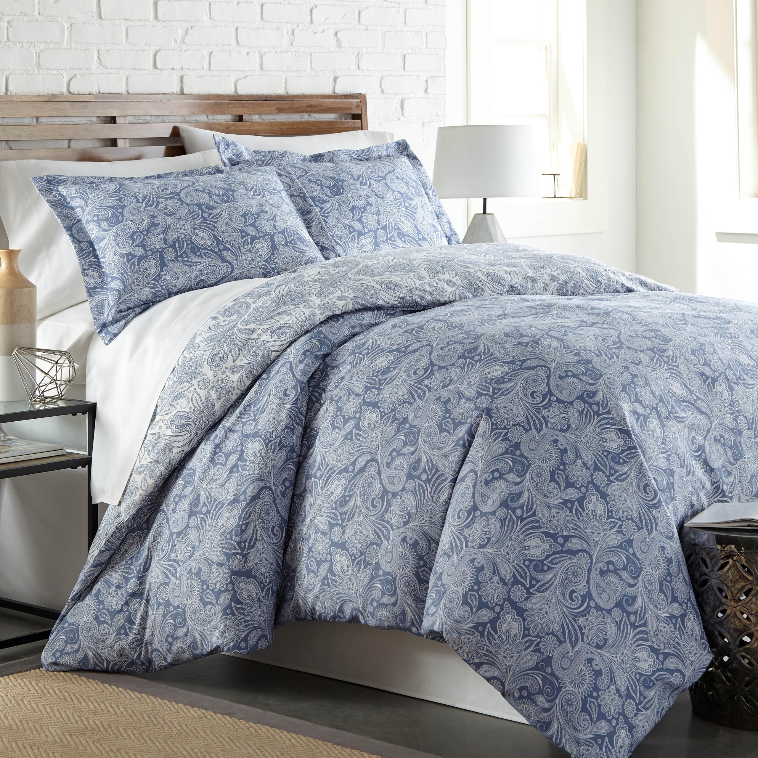 Southshore Fine Living, Inc. Reversible Paisley Duvet Cover King Size/California King - Premium Quality King Boho Bedding Set, Easy Care - 1 King/Cal King Duvet Cover, 2 Shams - Paisley Blue