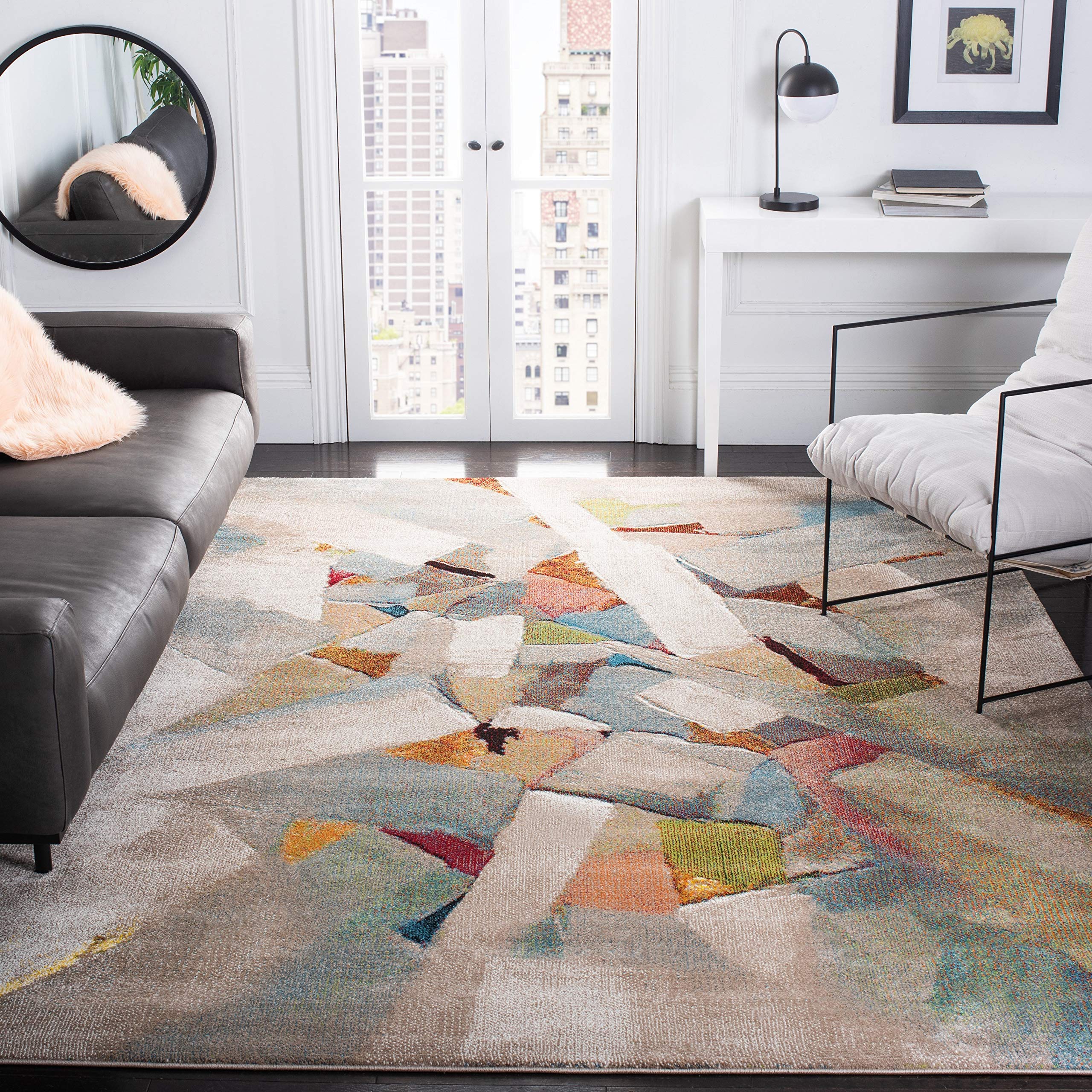 SAFAVIEH Porcello Collection 6'7" Square Grey/Multi PRL6937B Modern Abstract Non-Shedding Living Room Bedroom Dining Home Office Area Rug