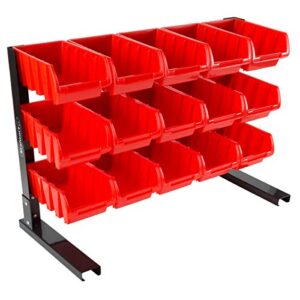 15-bin garage organization rack - carbon steel rack with removable stackable plastic garage storage bins - tools organizer or small parts organizer for hardware, crafts, or office supplies by stalwart