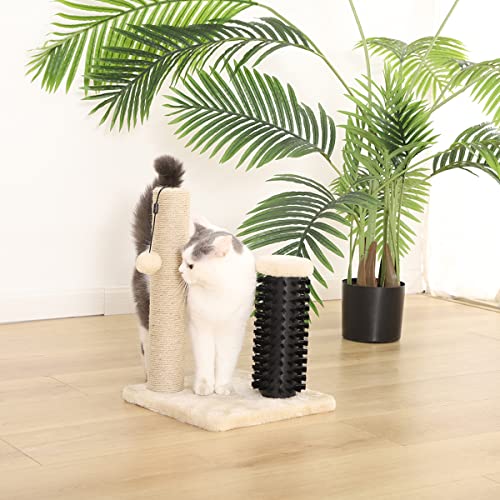 Amazon Basics Cat Scratching Post with Brush for Indoor Cats, 12.2 x 12.2 x 16.54 inch for Kittens, Beige