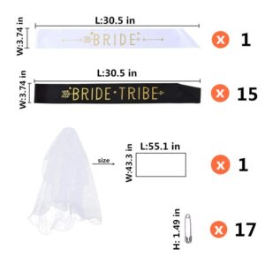 Bride Tribe Bachelorette Party Sash Set: 1 Bride To Be Sash, 15 Bride Tribe(Maid Of Honor Sash), 1 Cascading Veil, 17 Pcs Wedding Decorations Kit For Bridal Shower, Engagement Party Favors & Supplies