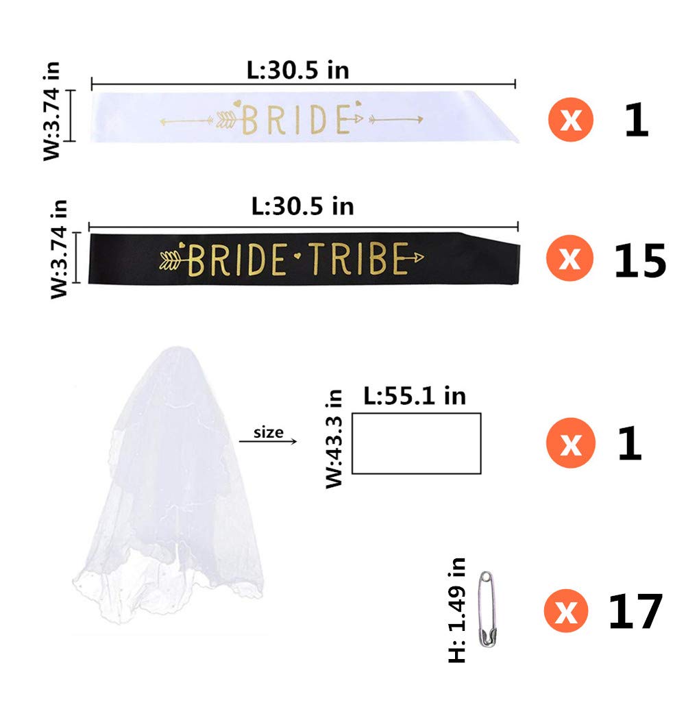 Bride Tribe Bachelorette Party Sash Set: 1 Bride To Be Sash, 15 Bride Tribe(Maid Of Honor Sash), 1 Cascading Veil, 17 Pcs Wedding Decorations Kit For Bridal Shower, Engagement Party Favors & Supplies