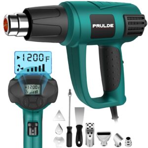 prulde heat gun, lcd digital display heat shrink gun, 5 air flows/120°f-1200°f variable temps/6 nozzles for crafting, vinyl wrap, shrink wrap n2030