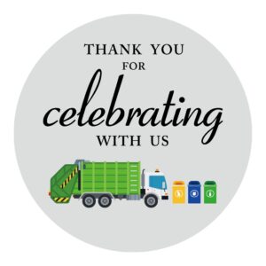 magjuche garbage trash truck party thank you stickers, boy birthday party supplies, sticker labels for favors, 2 inch round, 40-pack