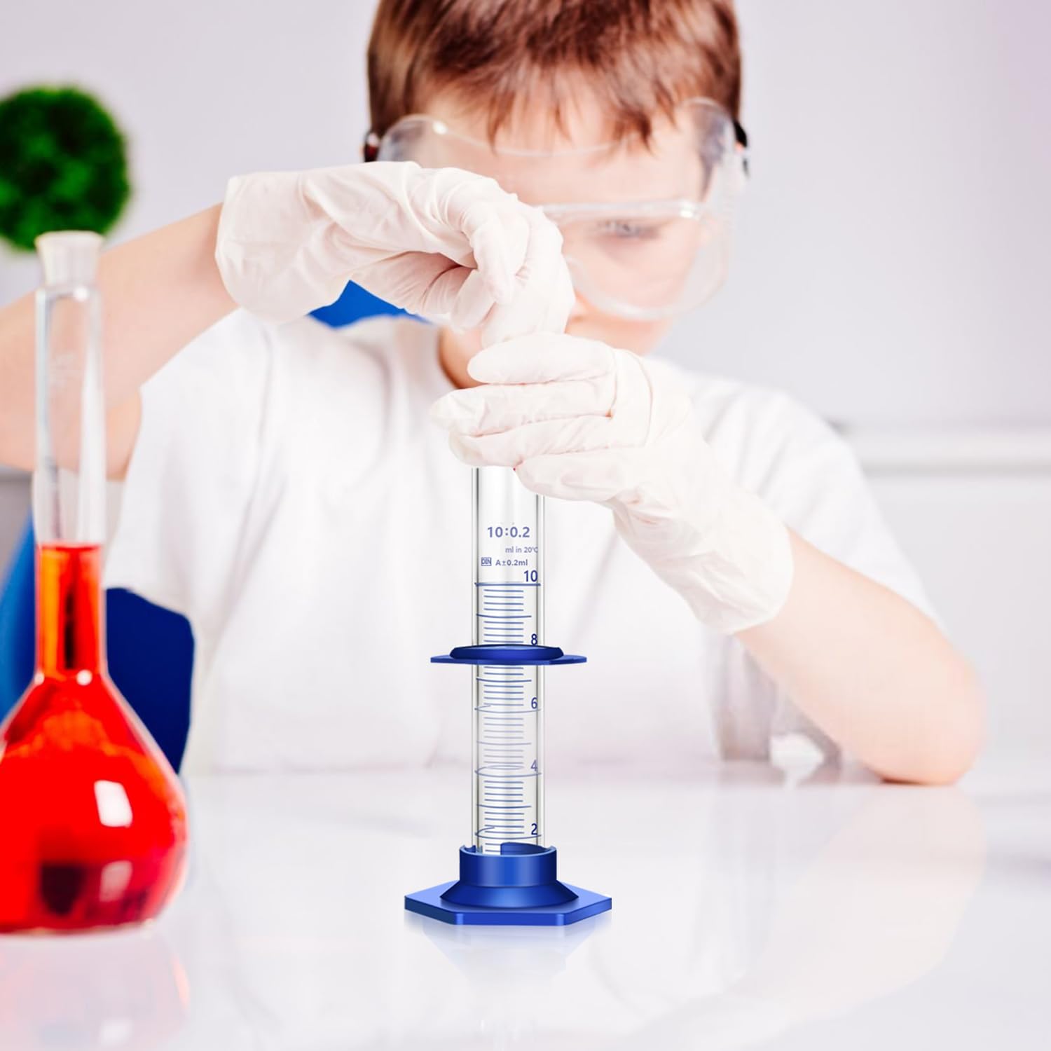 Thick Glass Graduated Cylinder Measuring Liquid Lab Cylinders with Anti-Falling Plastic Base and Bumper Guards (Glass, 10ML)