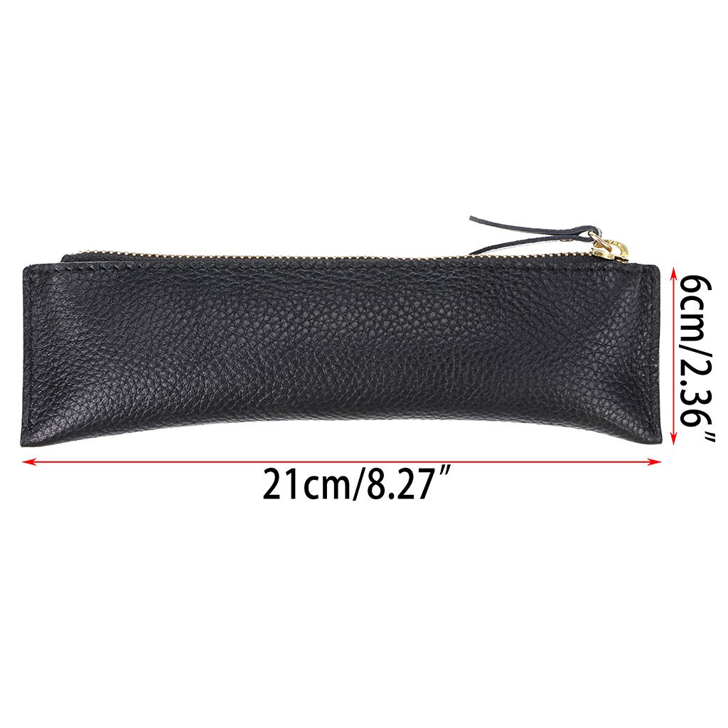 BTSKY Genuine Leather Pencil Case - Zippered Pen Case Stationery Bag Zipper Pouch Pencil Holder (New Black)