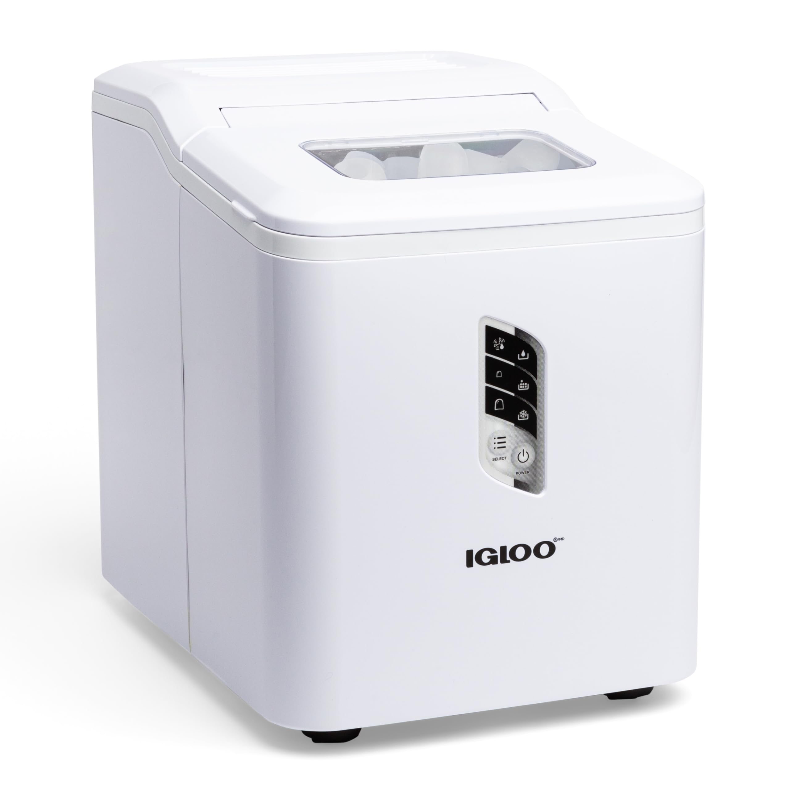 Igloo ICEB26WH Automatic Portable Electric Countertop Ice Maker Machine, 26 Pounds in 24 Hours, 9 Cubes Ready in 7 minutes, With Scoop and Basket, Perfect for Water Bottles, Mixed Drinks, Parties, WHT