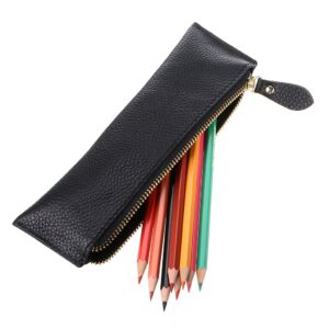 BTSKY Genuine Leather Pencil Case - Zippered Pen Case Stationery Bag Zipper Pouch Pencil Holder (New Black)