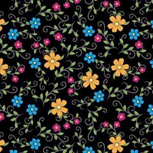 folk skulls floral black cotton fabric by the yard