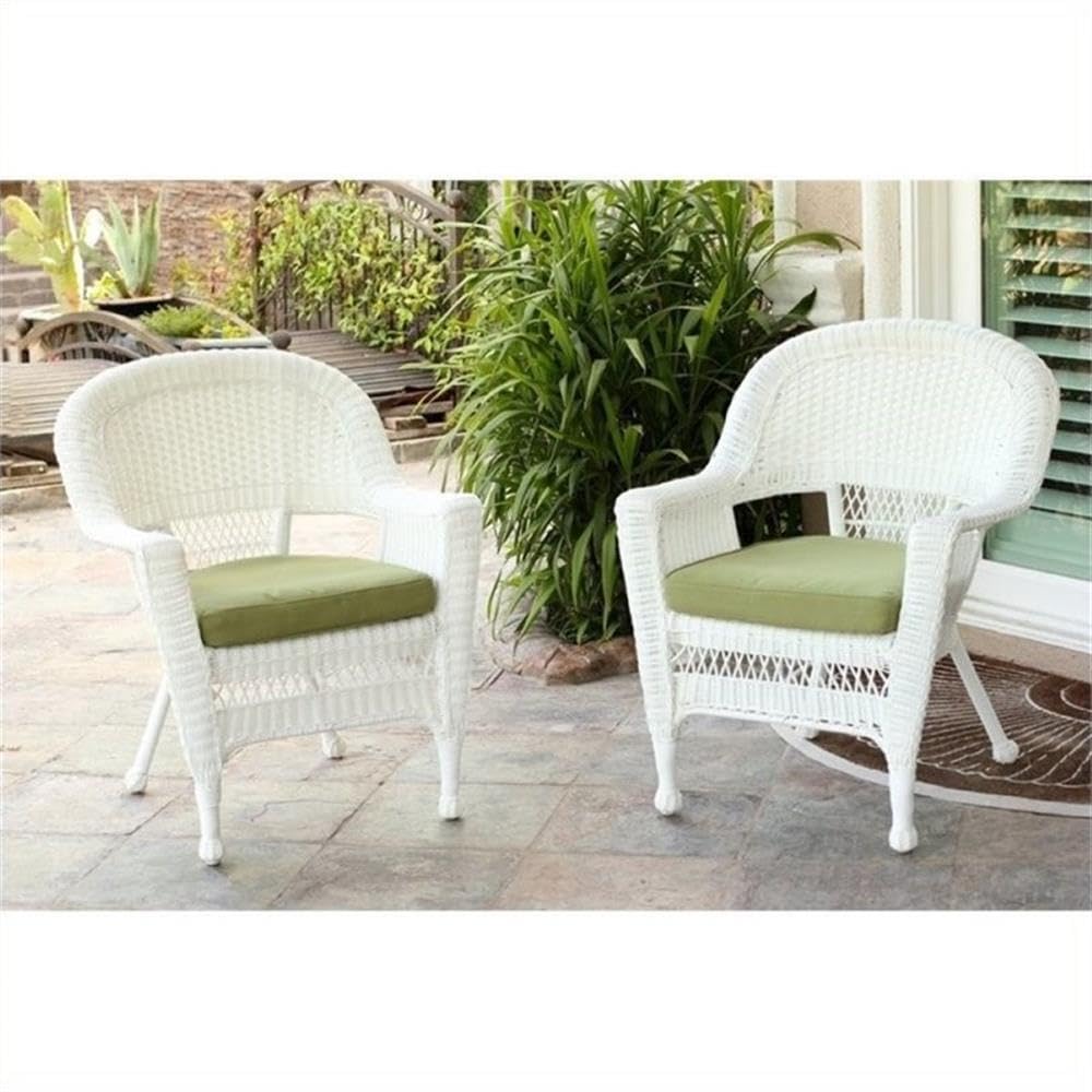 Pemberly Row Wicker Patio Chair with Cushion in White and Green (Set of 2)