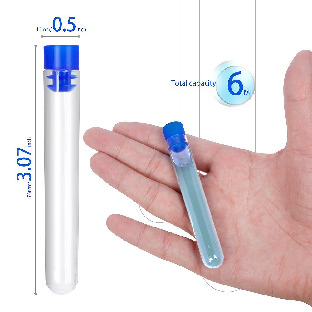 Teenitor 50 Pack Clear Plastic Test Tubes with Blue Caps, 13×78mm, Great for Halloween Party