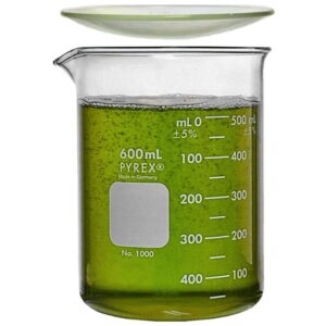 corning pyrex 1000-600, 600ml low form griffin beaker with pyrex 9985-100, 100mm watch glass (single)